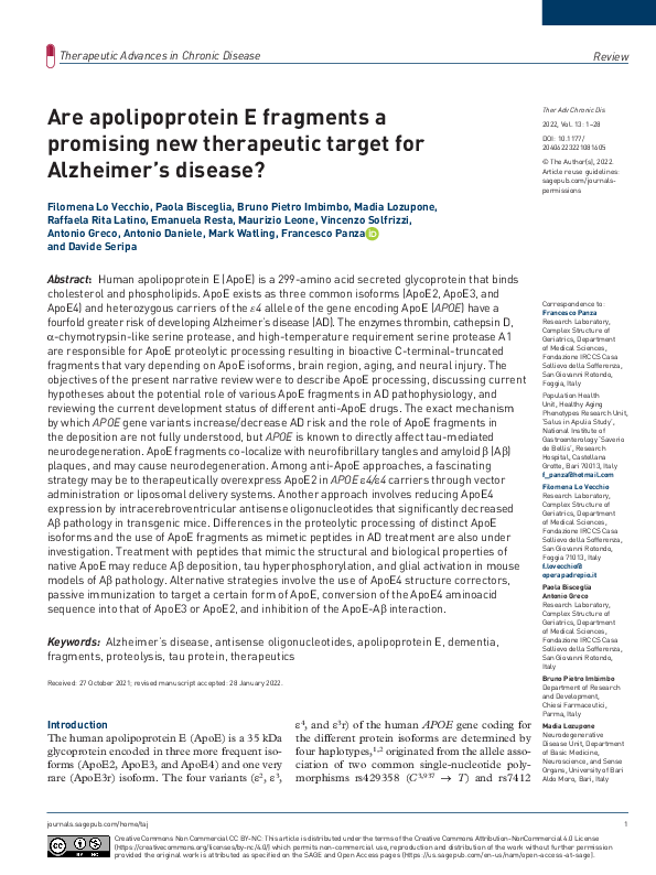 (PDF) Apolipoprotein E Fragments: New Targets for Alzheimer's Therapy