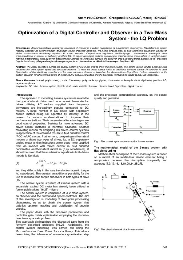 (PDF) Optimization of a Digital Controller and Observer in a Two-Mass System - the LQ Problem
