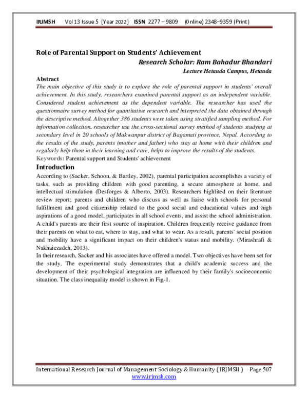 (PDF) Role of Parental Support on Students' Achievement Research Scholar