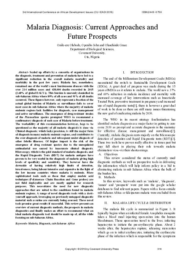 (PDF) Malaria Diagnosis: Current Approaches andFuture Prospects