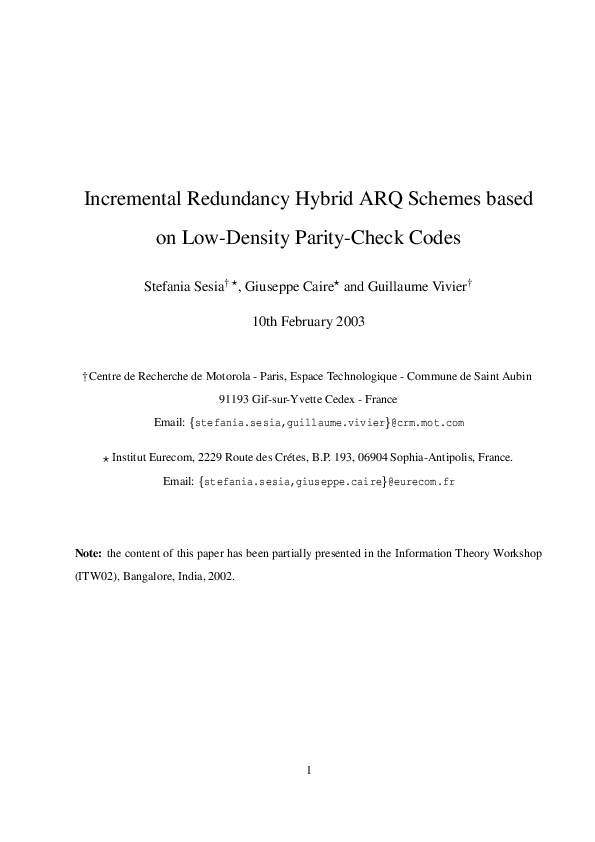 (PDF) Incremental Redundancy Hybrid ARQ Schemes Based on Low-Density Parity-Check Codes