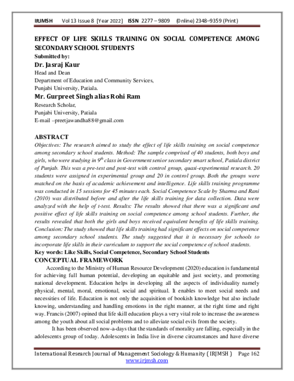 (PDF) EFFECT OF LIFE SKILLS TRAINING ON SOCIAL COMPETENCE AMONG ...