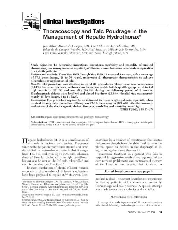 (PDF) Thoracoscopy and Talc Poudrage in the Management of Hepatic ...