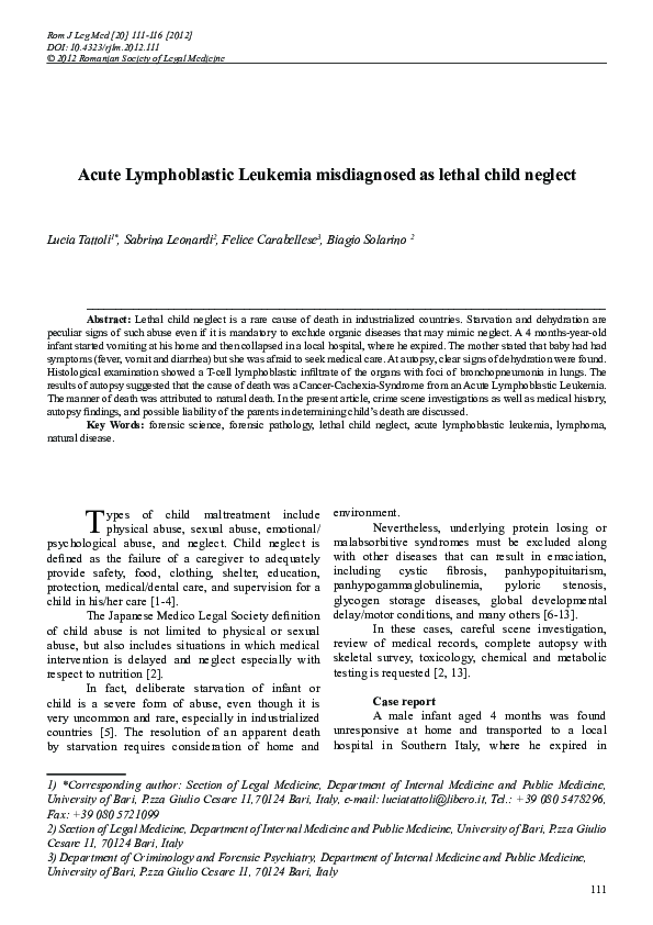(PDF) Acute Lymphoblastic Leukemia misdiagnosed as lethal child neglect