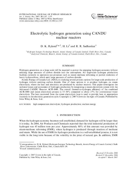 Pdf Electrolytic Hydrogen Generation Using Candu Nuclear Reactors Donald Ryland