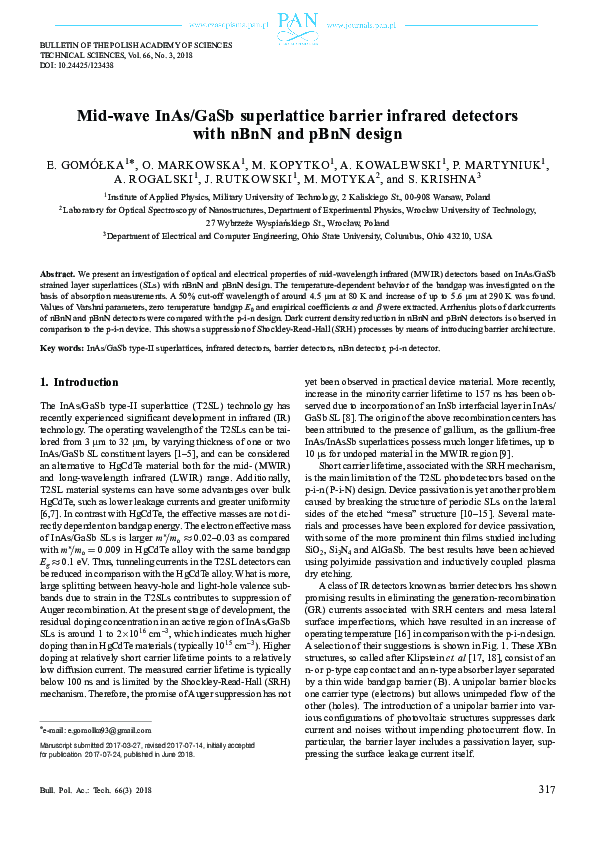 (PDF) Mid-wave InAs/GaSb superlattice barrier infrared detectors with nBnN and pBnN design