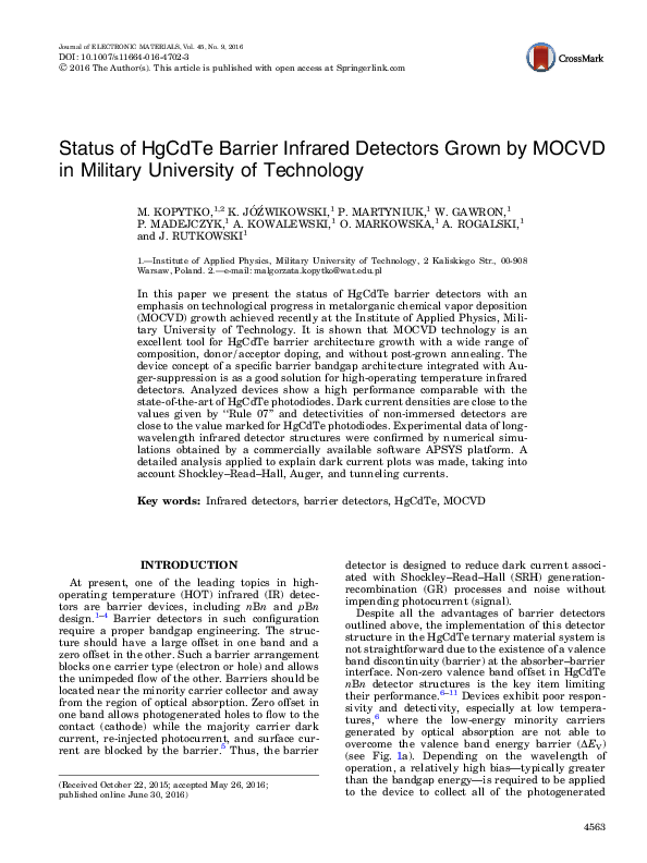 (PDF) Status of HgCdTe Barrier Infrared Detectors Grown by MOCVD in ...