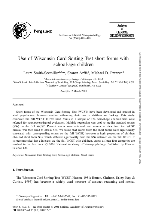 (PDF) Use of Wisconsin Card Sorting Test short forms with school-age ...