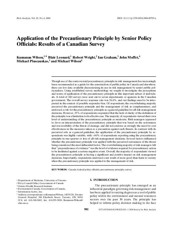 (PDF) Application of the Precautionary Principle by Senior Policy ...