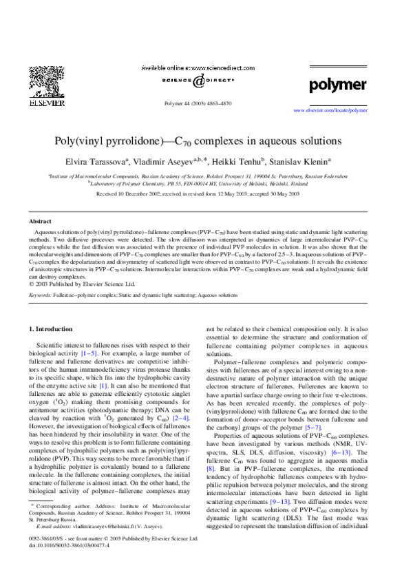 (PDF) Poly(vinyl pyrrolidone)—C70 complexes in aqueous solutions