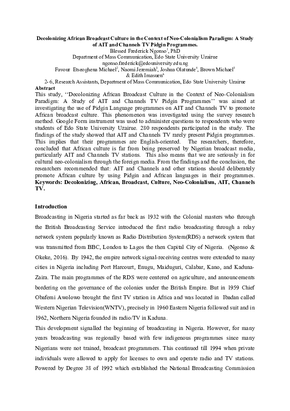 (DOC) Decolonizing African Broadcast Culture in the Context of Neo-Colonialism Paradigm: A Study ...