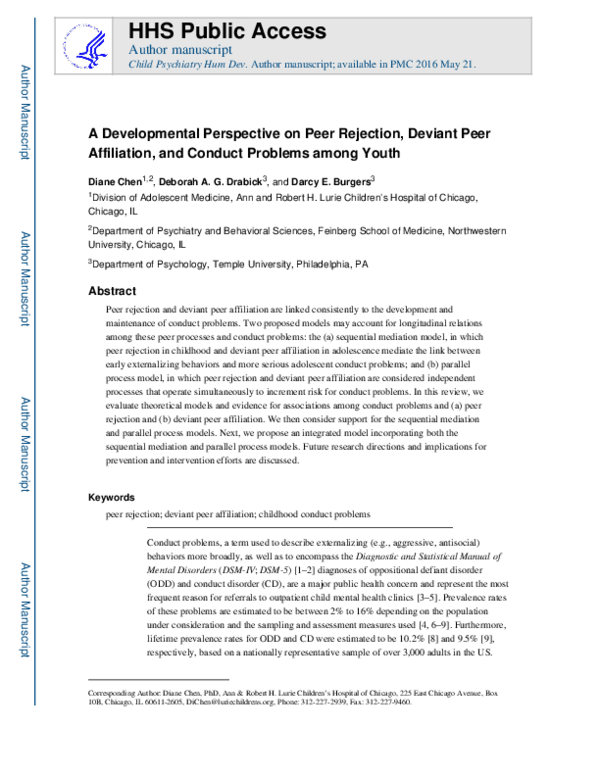 (PDF) A Developmental Perspective on Peer Rejection, Deviant Peer ...