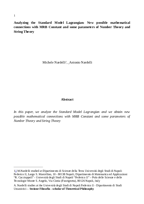 Pdf Analyzing The Standard Model Lagrangian New Possible Mathematical Connections With Mrb