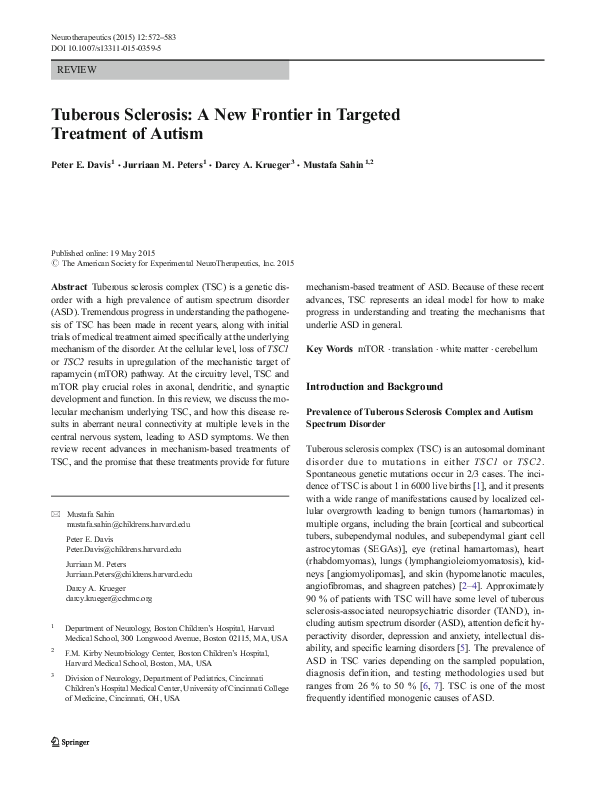 (PDF) Tuberous Sclerosis: A New Frontier in Targeted Treatment of Autism