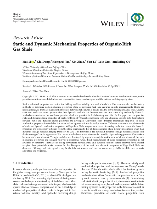 (PDF) Static and Dynamic Mechanical Properties of Organic-Rich Gas Shale