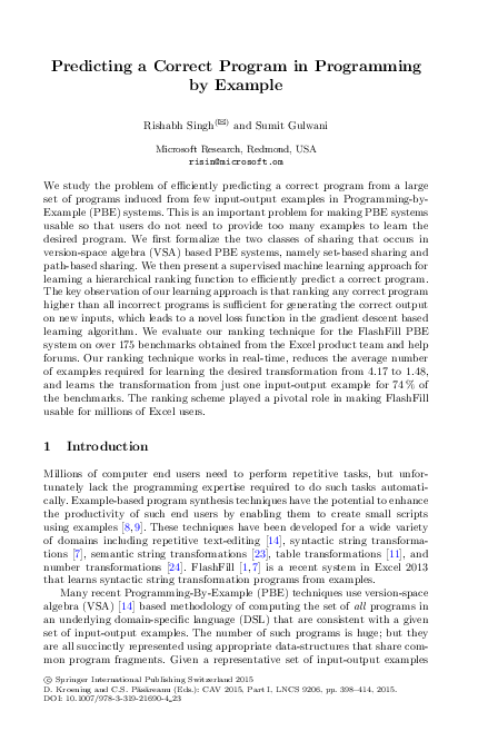 (PDF) Predicting a Correct Program in Programming by Example