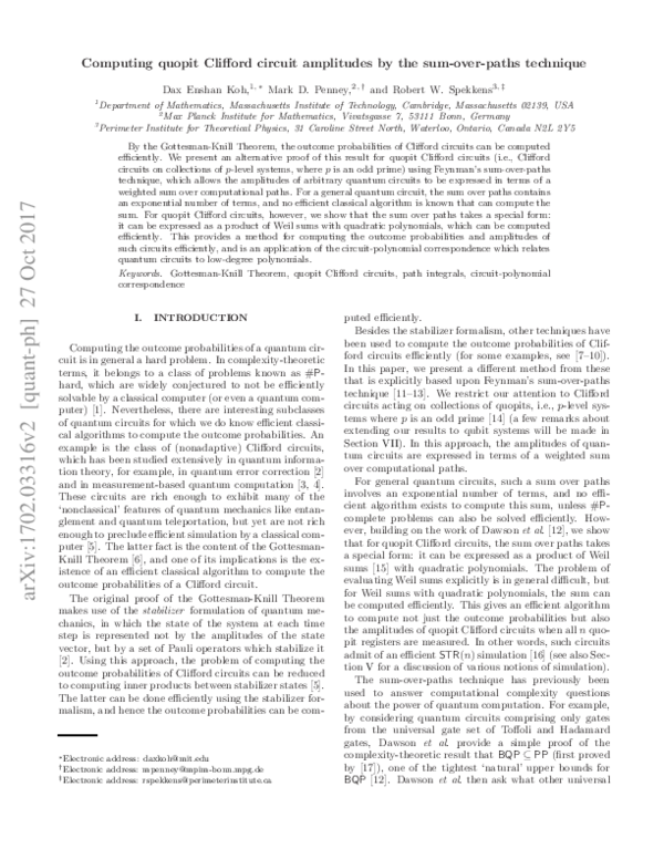 (PDF) Computing quopit Clifford circuit amplitudes by the sum-over ...