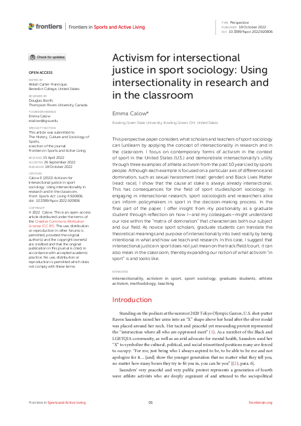 (PDF) Activism for intersectional justice in sport sociology: Using ...