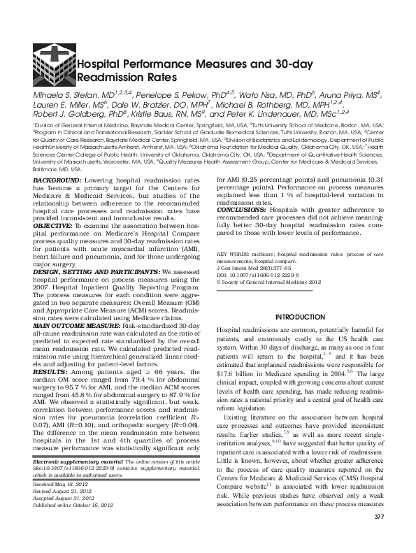 (PDF) Hospital Performance Measures and 30-day Readmission Rates