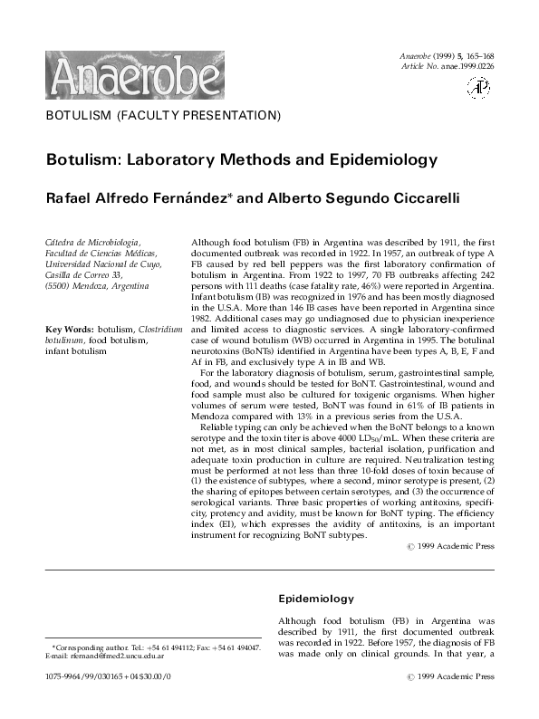 (PDF) Botulism: Laboratory Methods and Epidemiology