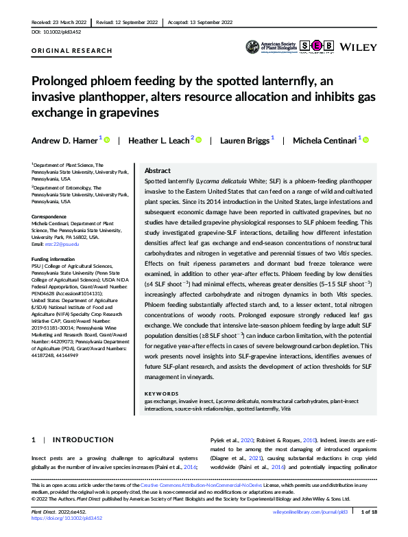 (PDF) Prolonged phloem feeding by the spotted lanternfly, an invasive ...