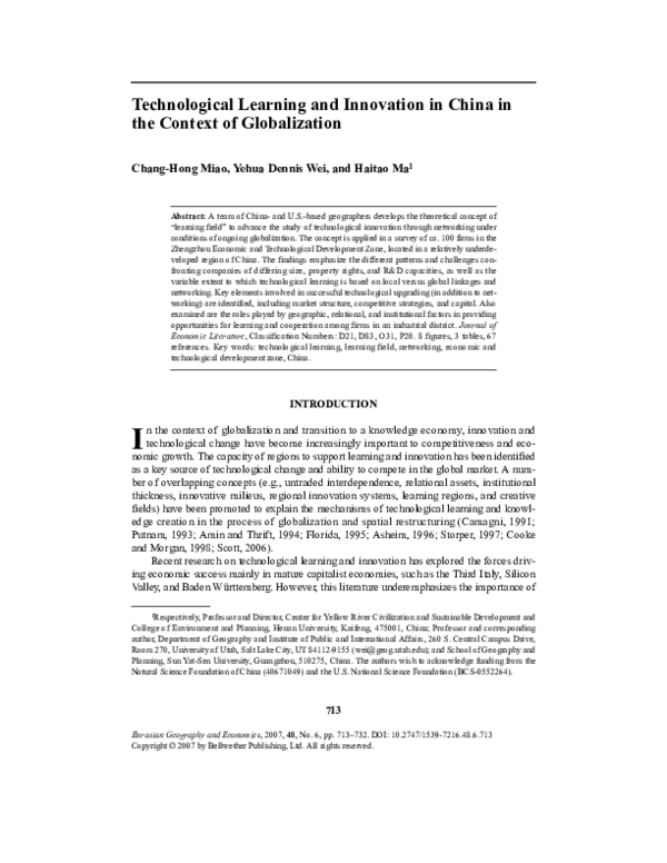 (PDF) Technological Learning and Innovation in China in the Context of Globalization