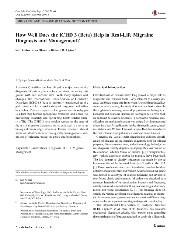(PDF) How Well Does the ICHD 3 (Beta) Help in Real-Life Migraine ...