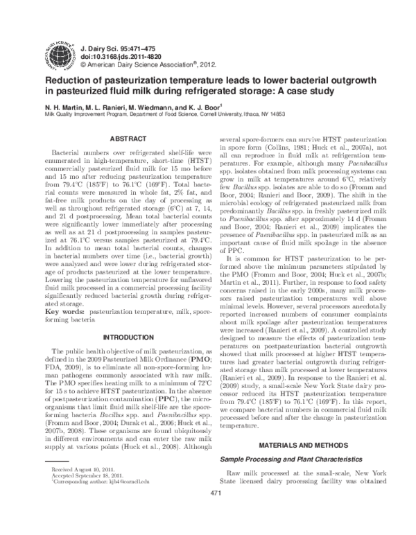 (PDF) Reduction of pasteurization temperature leads to lower bacterial outgrowth in pasteurized ...