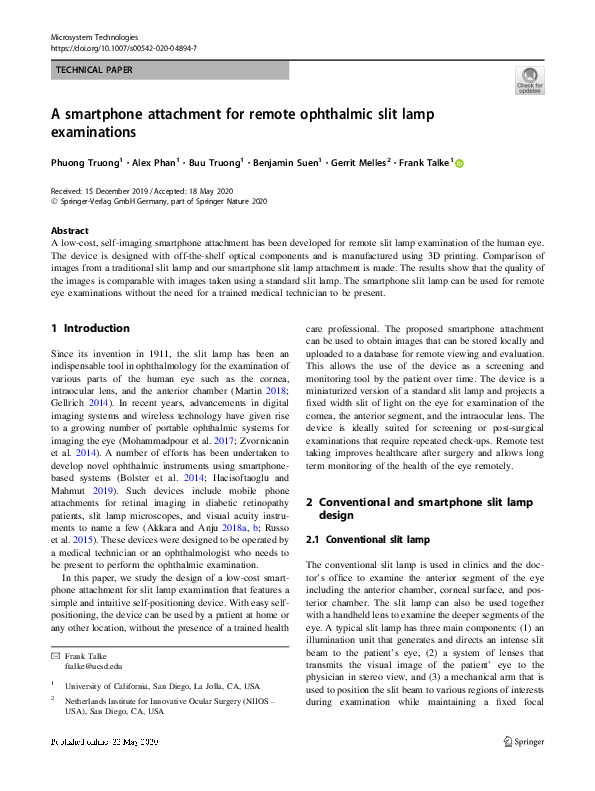(PDF) A smartphone attachment for remote ophthalmic slit lamp examinations