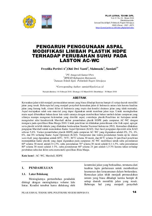 (PDF) Pengaruh Penggunaan Aspal Modifikasi Limbah Plastik Hdpe Terhadap ...
