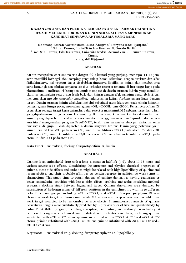 (PDF) Kajian Docking Dan Prediksi Beberapa Aspek Farmakokinetika Desain ...