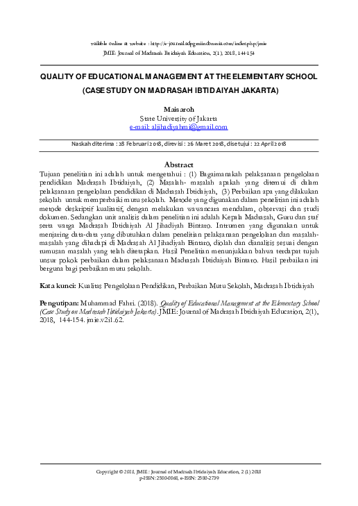 (PDF) Quality of Educational Management at the Elementary School (Case ...