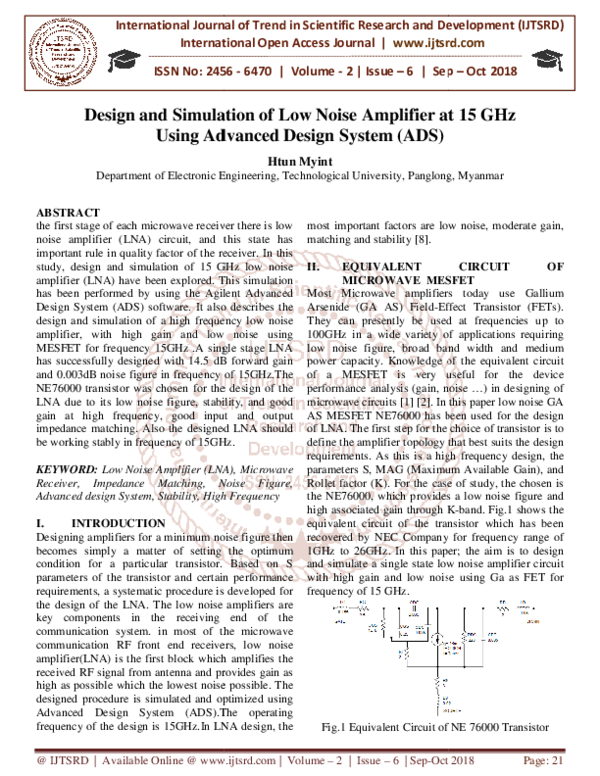Pdf Design And Simulation Of Low Noise Amplifier At 15 Ghz Using