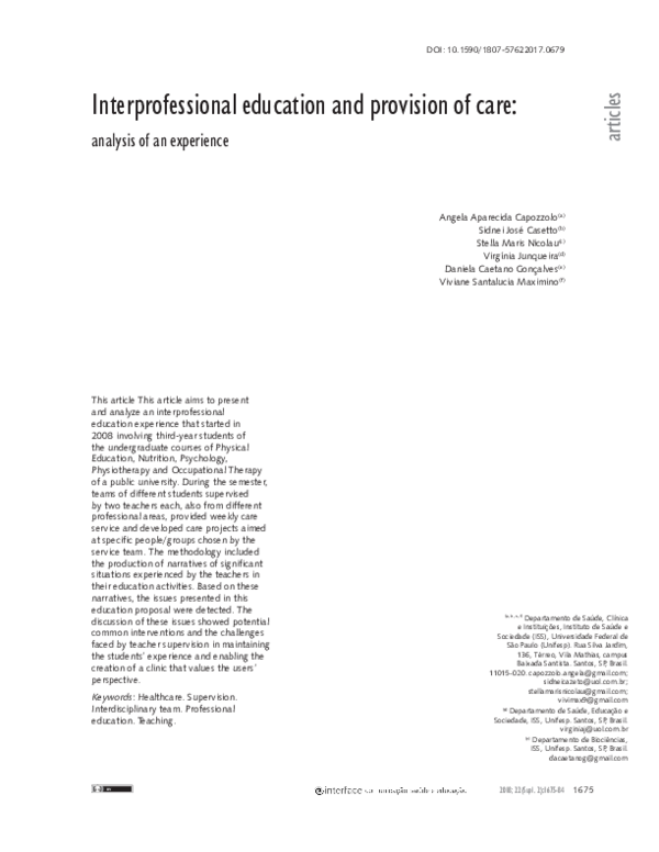 (PDF) Interprofessional education and provision of care : analysis of an experience