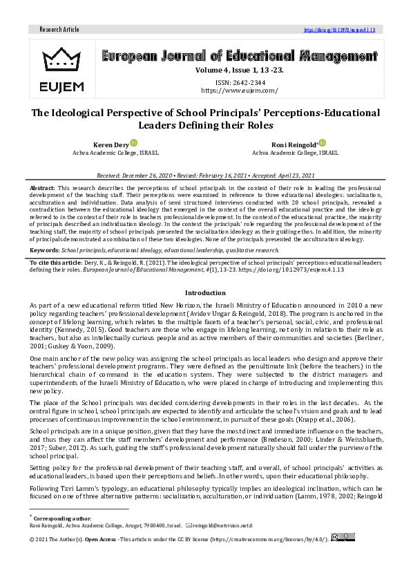 (PDF) The Ideological Perspective of School Principals' Perceptions ...