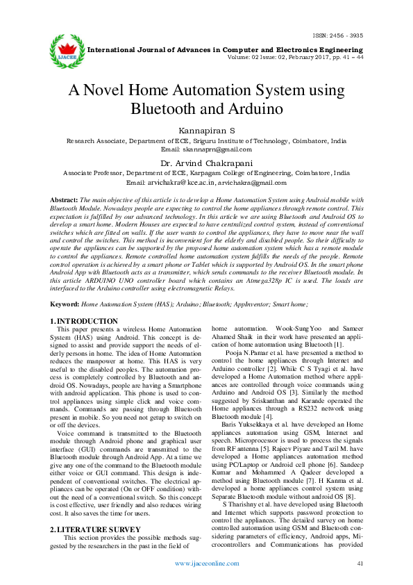 (PDF) A Novel Home Automation System using Bluetooth and Arduino