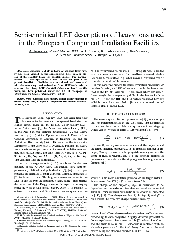 (PDF) Semi-Empirical LET Descriptions of Heavy Ions Used in the ...