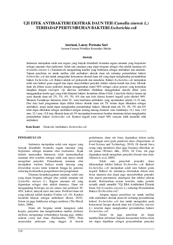 (PDF) UJI EFEK ANTIBAKTERI EKSTRAK DAUN TEH (Camellia sinensis L.) TERHADAP PERTUMBUHAN BAKTERI ...