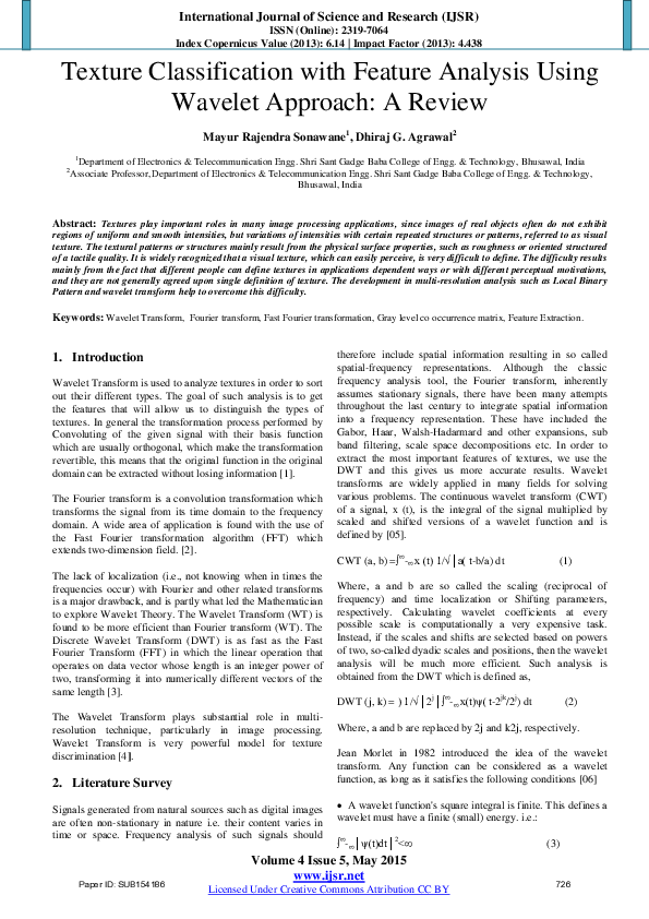 (PDF) Texture Classification with Feature Analysis Using Wavelet Approach: A Review