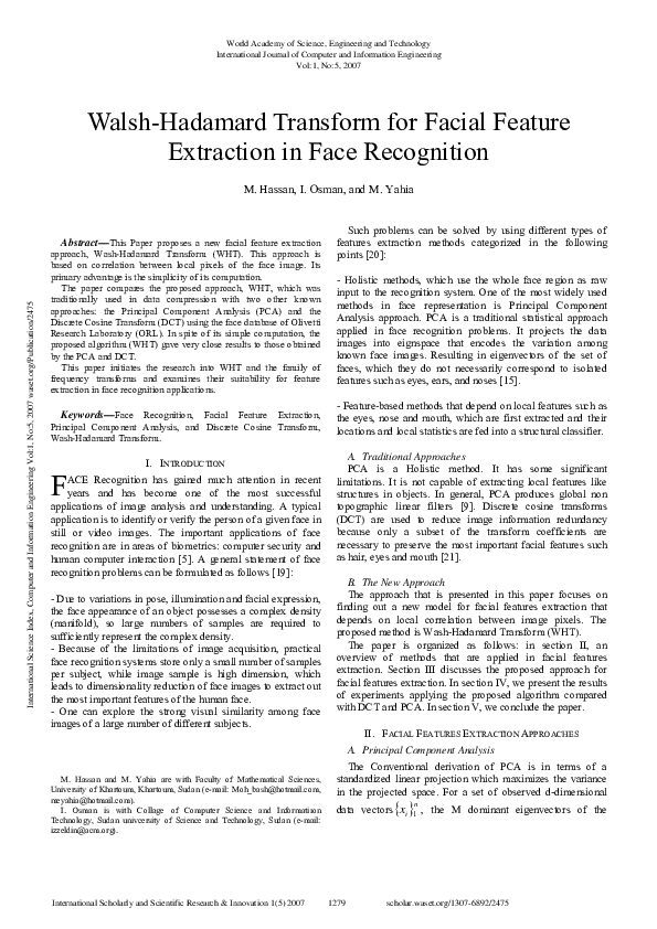 (PDF) Walsh-Hadamard Transform for Facial Feature Extraction in Face Recognition