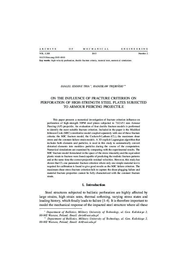 (PDF) On the Influence of Fracture Criterion on Perforation of High ...