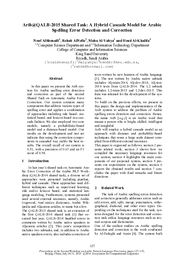 Pdf Arib Qalb 2015 Shared Task A Hybrid Cascade Model For Arabic Spelling Error Detection