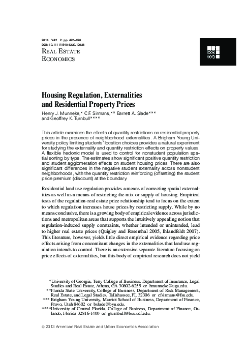 (PDF) Housing Regulation, Externalities and Residential Property Prices