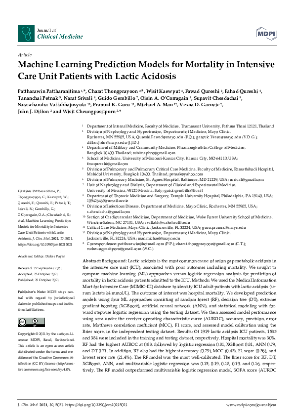 (PDF) Machine Learning Prediction Models for Mortality in Intensive ...