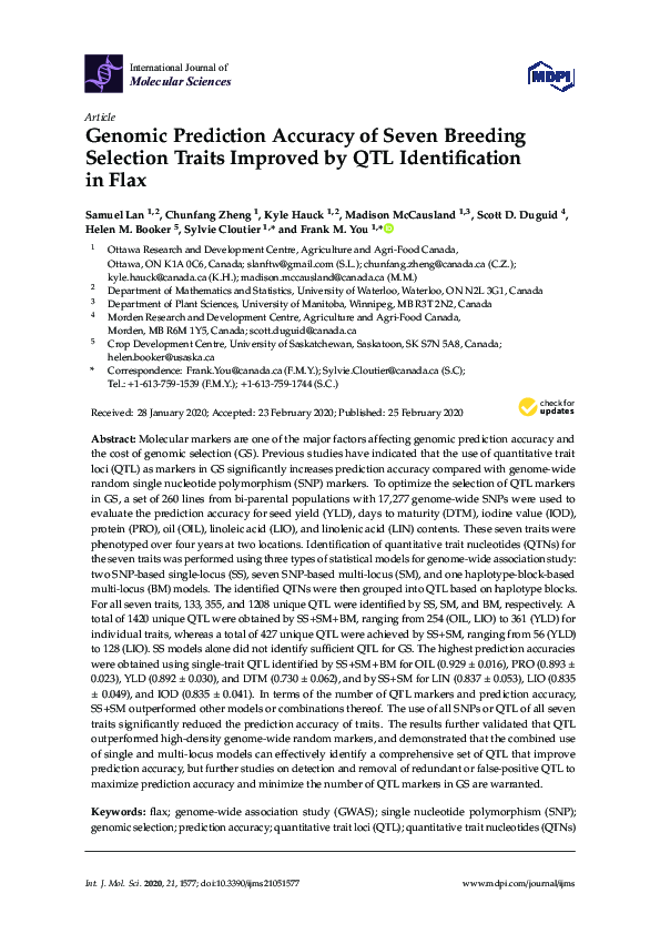 Pdf Genomic Prediction Accuracy Of Seven Breeding Selection Traits Improved By Qtl