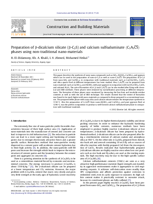 (PDF) Preparation of β-dicalcium silicate (β-C2S) and calcium sulfoaluminate phases using non ...