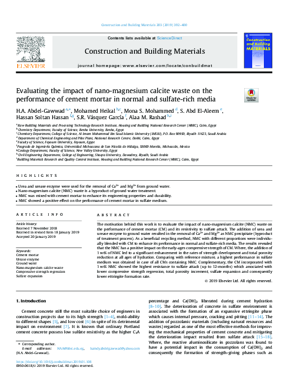 (PDF) Evaluating the impact of nano-magnesium calcite waste on the performance of cement mortar ...