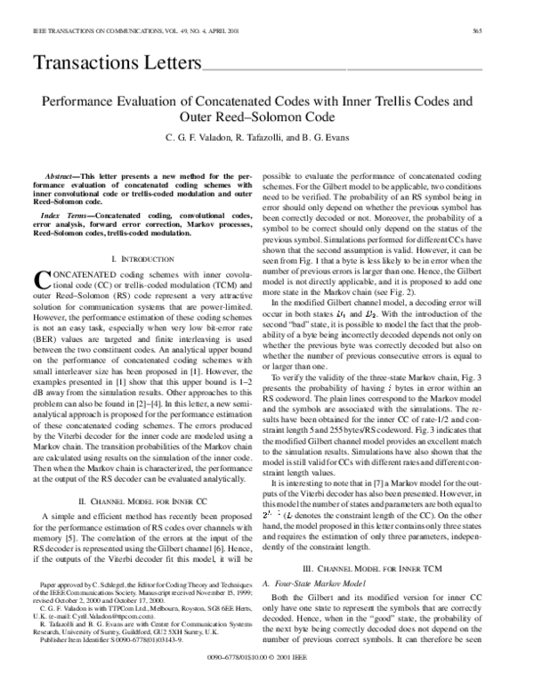 (PDF) Performance evaluation of concatenated codes with inner trellis codes and outer Reed ...