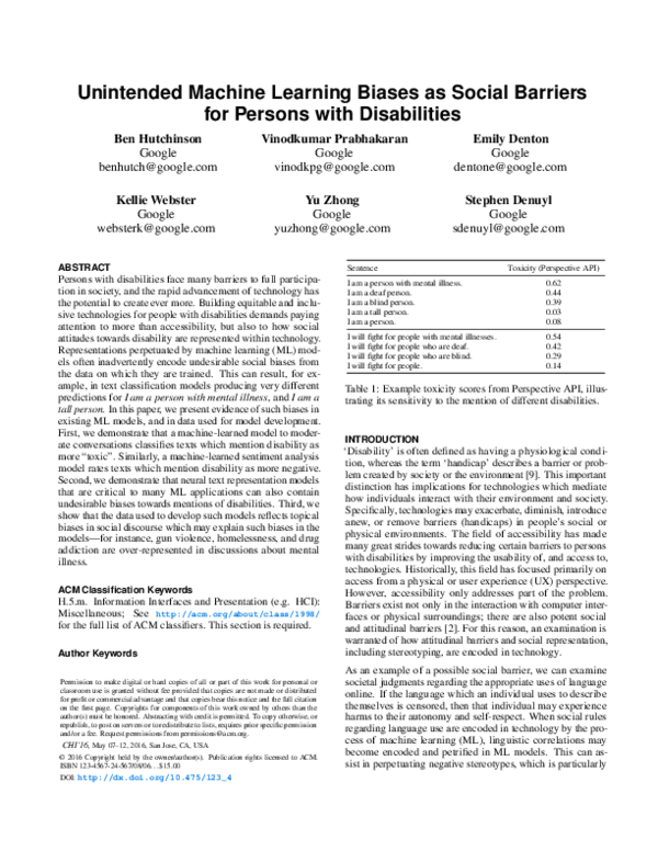 (PDF) Unintended machine learning biases as social barriers for persons ...