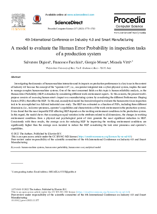 (PDF) A model to evaluate the Human Error Probability in inspection tasks of a production system